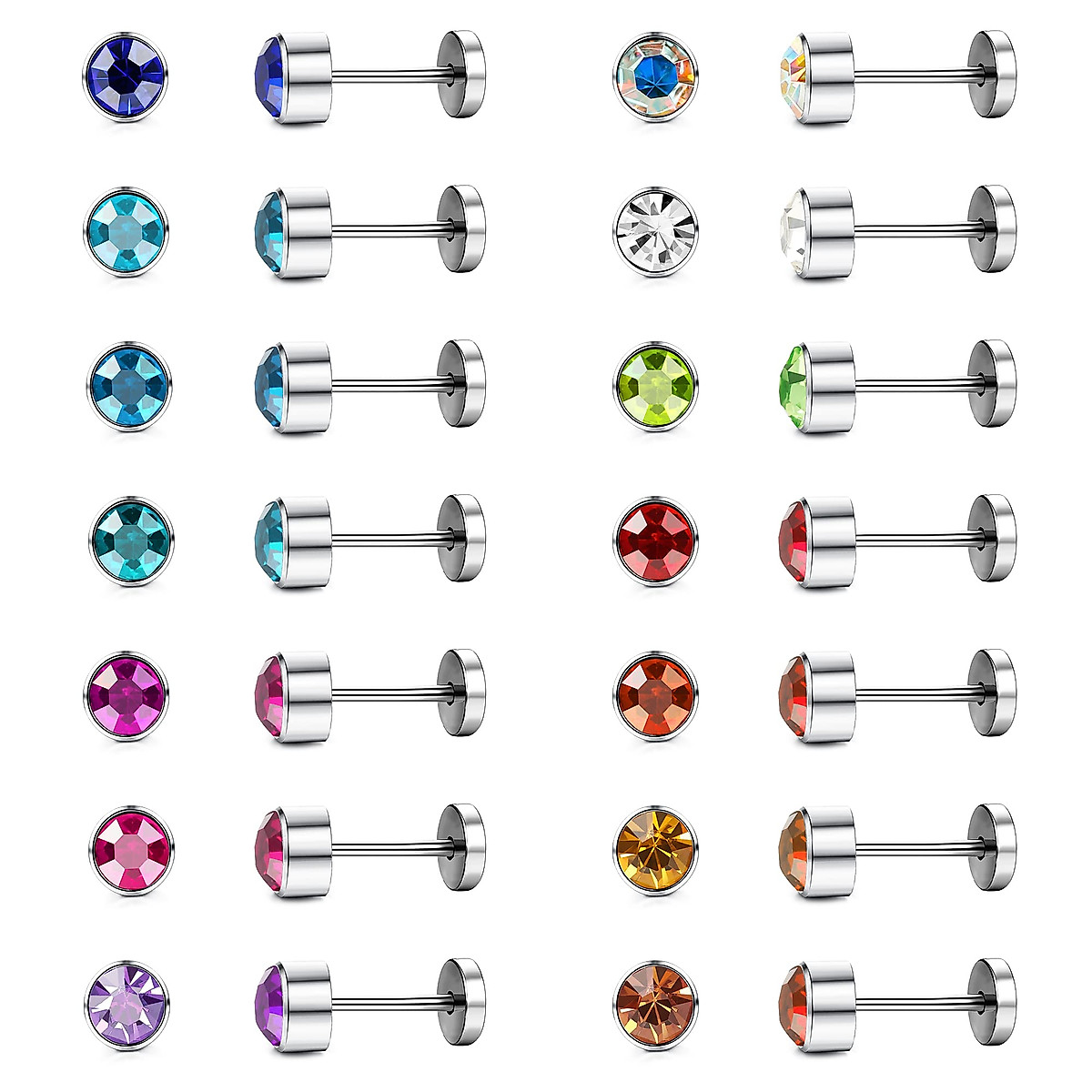 LOYALLOOK 14Pairs Stainless Steel CZ Stud Earrings for Women Men Multicolor Cubic Zirconia Flatback Earrings Pave Crystal Disco Ball Earrings with Flatback Cartilage Helix Earrings Set 20G Style A