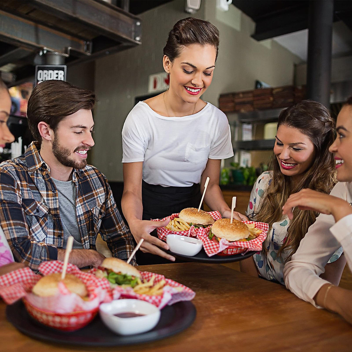 50 Pack Oval Fast Food Baskets, 8.7 x 5.5 Inch Red Plastic Food Baskets Restaurant Basket, Fast Food Storage Baskets for Burgers, Sandwiches, Fries at Party, Picnic, Home