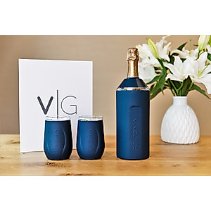 Vinglacé Wine Bottle Chiller Gift Set- Portable Stainless Steel Wine Cooler with 2 Stemless Wine Glasses, Navy