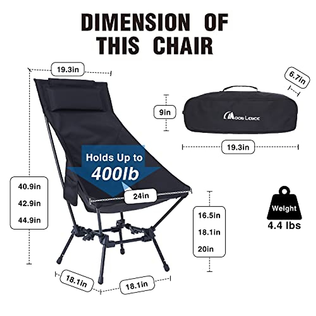 MOON LENCE Camping Chairs for Adults, Adjustable Oversize Beach Chair Lawn Chair with High Back - Large Capacity, Heavy Duty - Backpacking Chair Folding Chair for Hiking Fishing