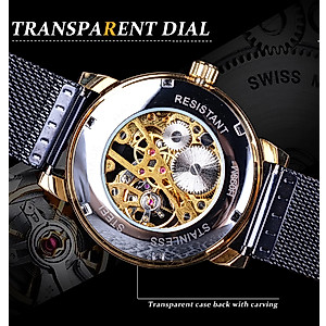 FORSINING Steampunk Watches for Men Hand Wind Watches Retro Design Staem Punk Mechanical Skeleton Wrist Watch Transparent Business Mesh Band Watch (Golden-Black)