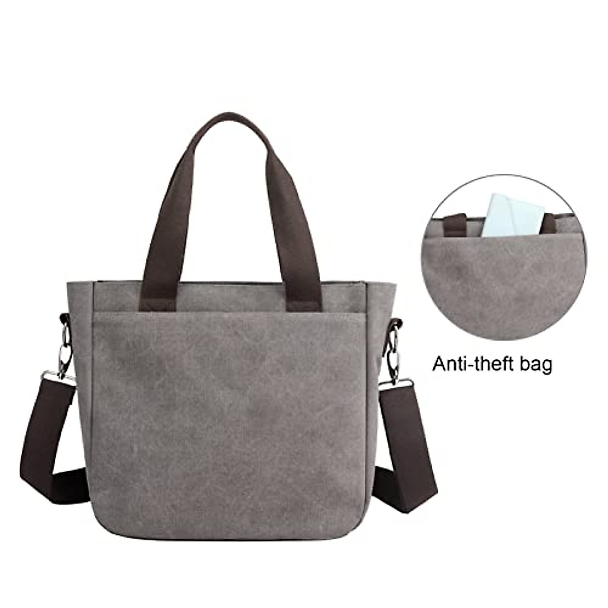 ZHIERNA Canvas Tote Purse for Women, Vintage Crossbody Shoulder Bags Small Handbag, Multi-pocket Top Handle Work Bag(Grey)