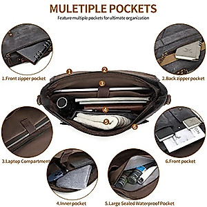 Wogarl Mens Messenger Bag 15.6 Inch Genuine Leather Waxed Canvas Computer Laptop Bag Briefcase Large Satchel Shoulder Bag with Leather Portfolio,Black