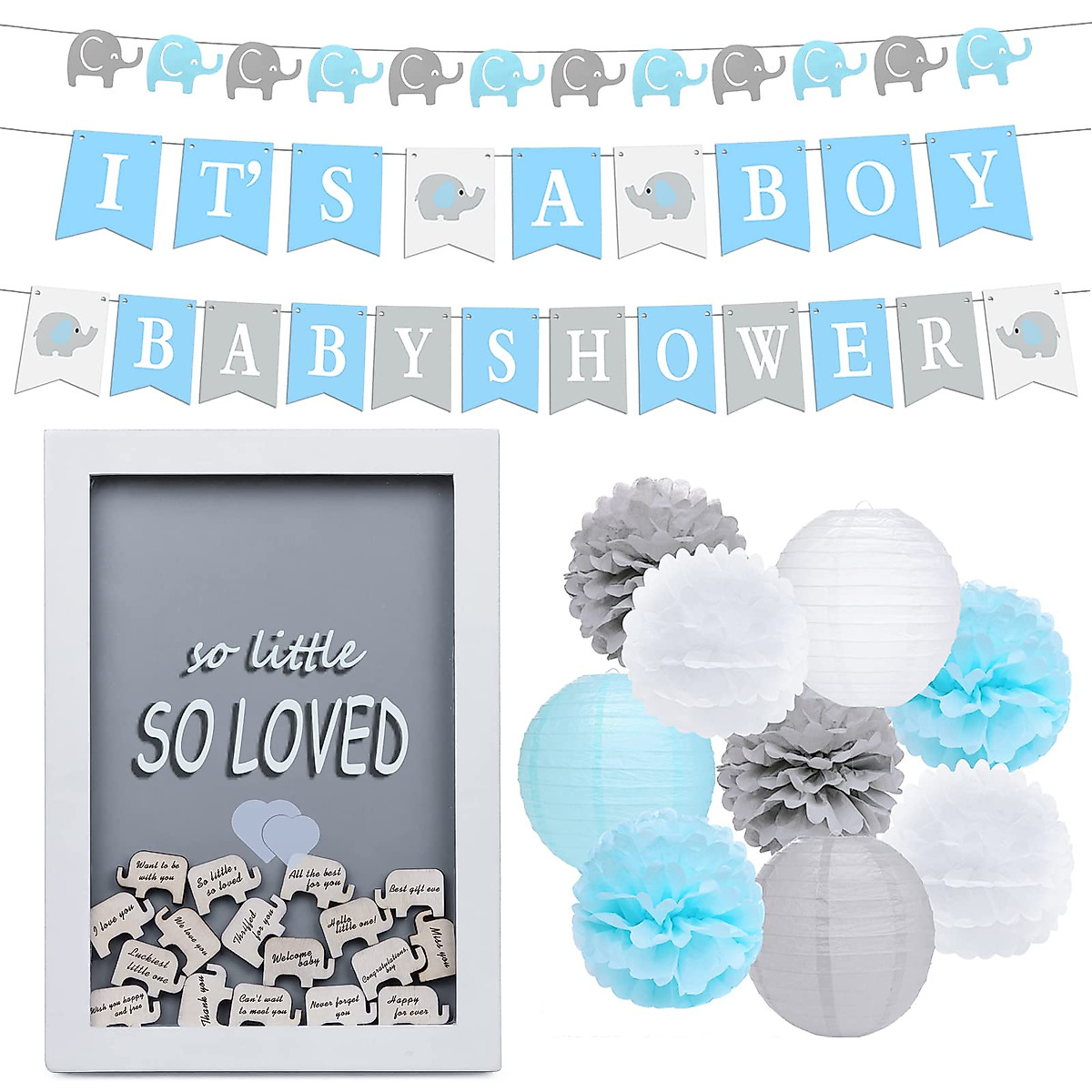 WOMRICH Boy Baby Shower Decorations Elephant Theme Set, Baby Shower Guestbook Elephant Sign Frame, It is a Boy Banners Elephant Garland Paper Lantern Paper Flower Pom Poms (Blue)