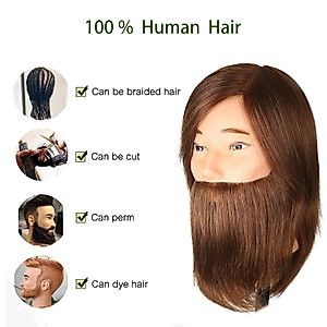 Romance Queen Male Mannequin Head With Hair Human Hair Manikin For Men Cosmetology 8inch Straight Beard Manikin Head With Human Hair with Stand Practice Cutting Styling (8inch)