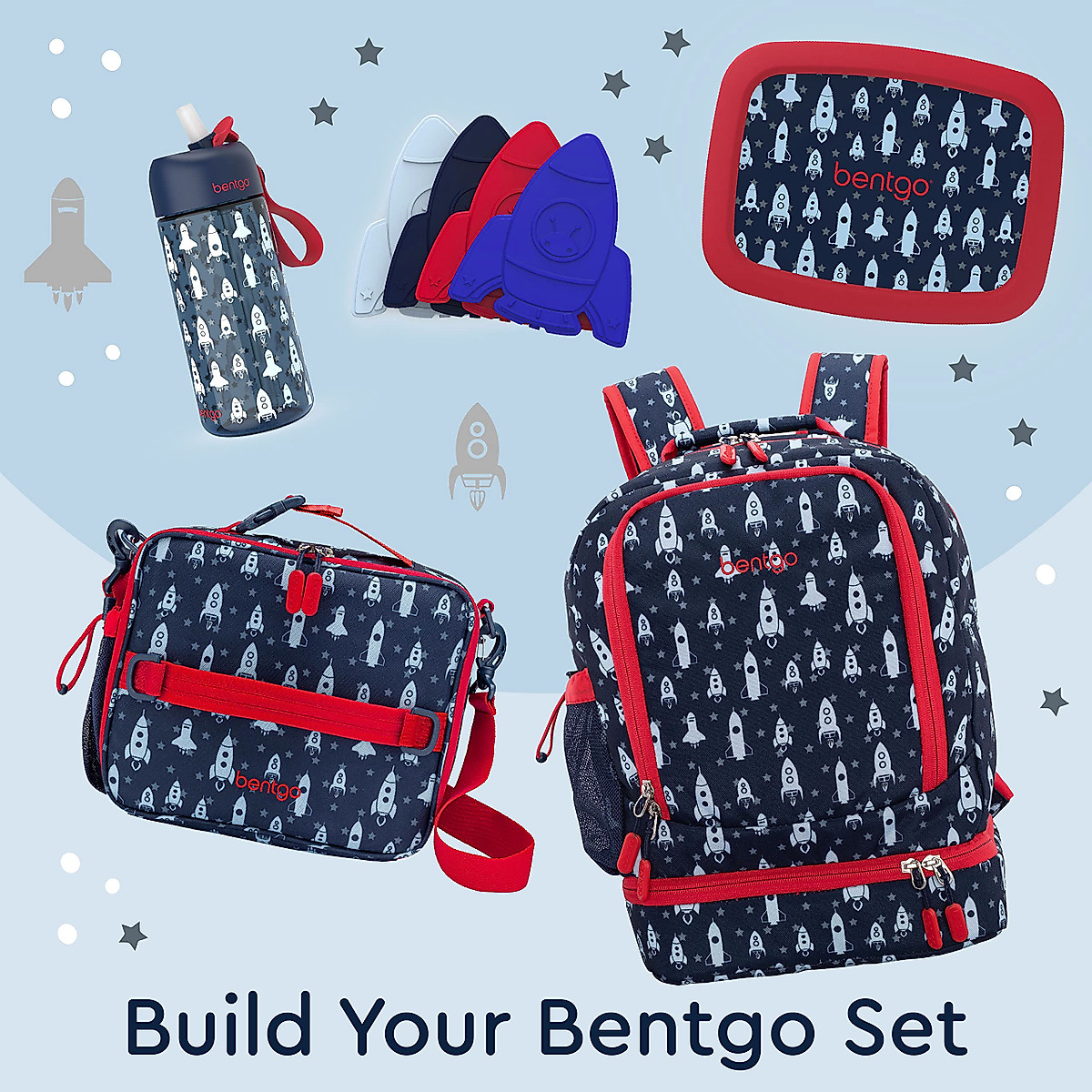 Bentgo® Kids Prints 2-in-1 Backpack & Insulated Lunch Bag - Durable, Lightweight, Colorful Prints for Girls & Boys, Water-Resistant Fabric, Padded Straps & Back, Large Compartments (Rocket)