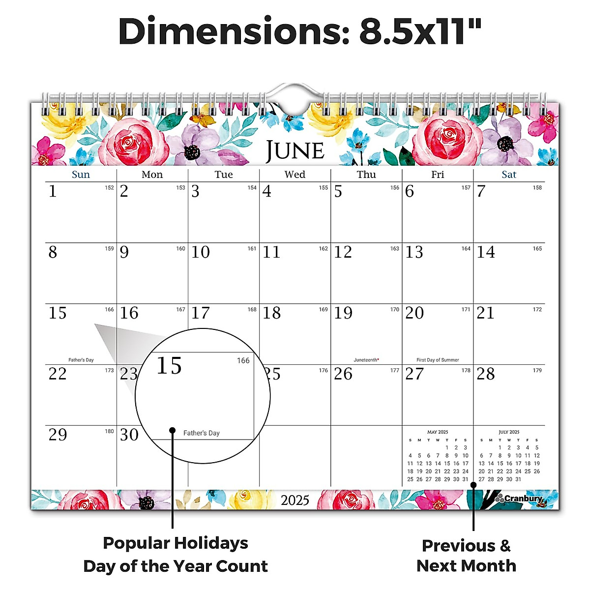CRANBURY Small Wall Calendar 2023 - (Floral) Use 8.5x11 Calendar 2023 as Desk Calendar or Hanging Calendar 8.5 x 11, Gorgeous Flower Designs, Includes Stickers