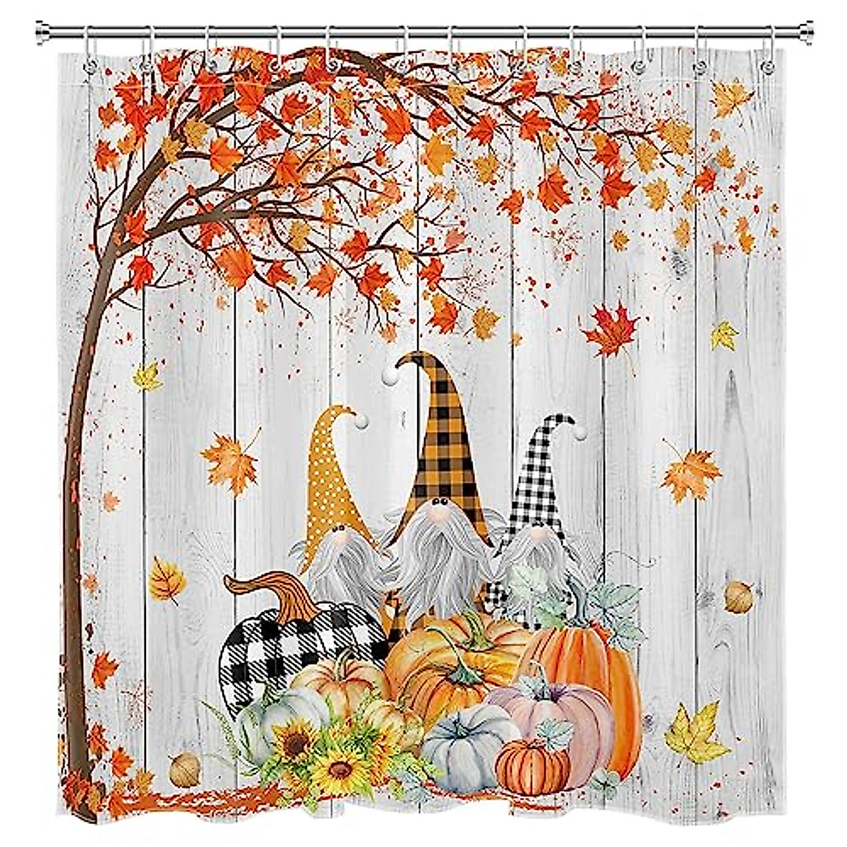 Fall Gnome Shower Curtain Thanksgiving Harvest Pumpkin Sunflower and Autumn Maple Leaf Shower Curtain Farmhouse Vintage Fabric Shower Curtain Set for Bathroom with Bath Mat and Hooks,72x72 inches