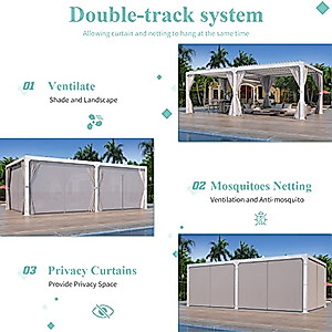 Erinnyees 10'×20' Outdoor Louvered White Pergola with Adjustable Aluminum Rainproof Roof, Patio Hardtop Gazebo Sun Shade Shelter for Beach Deck Patio Garden Yard, Including Curtains and Netting