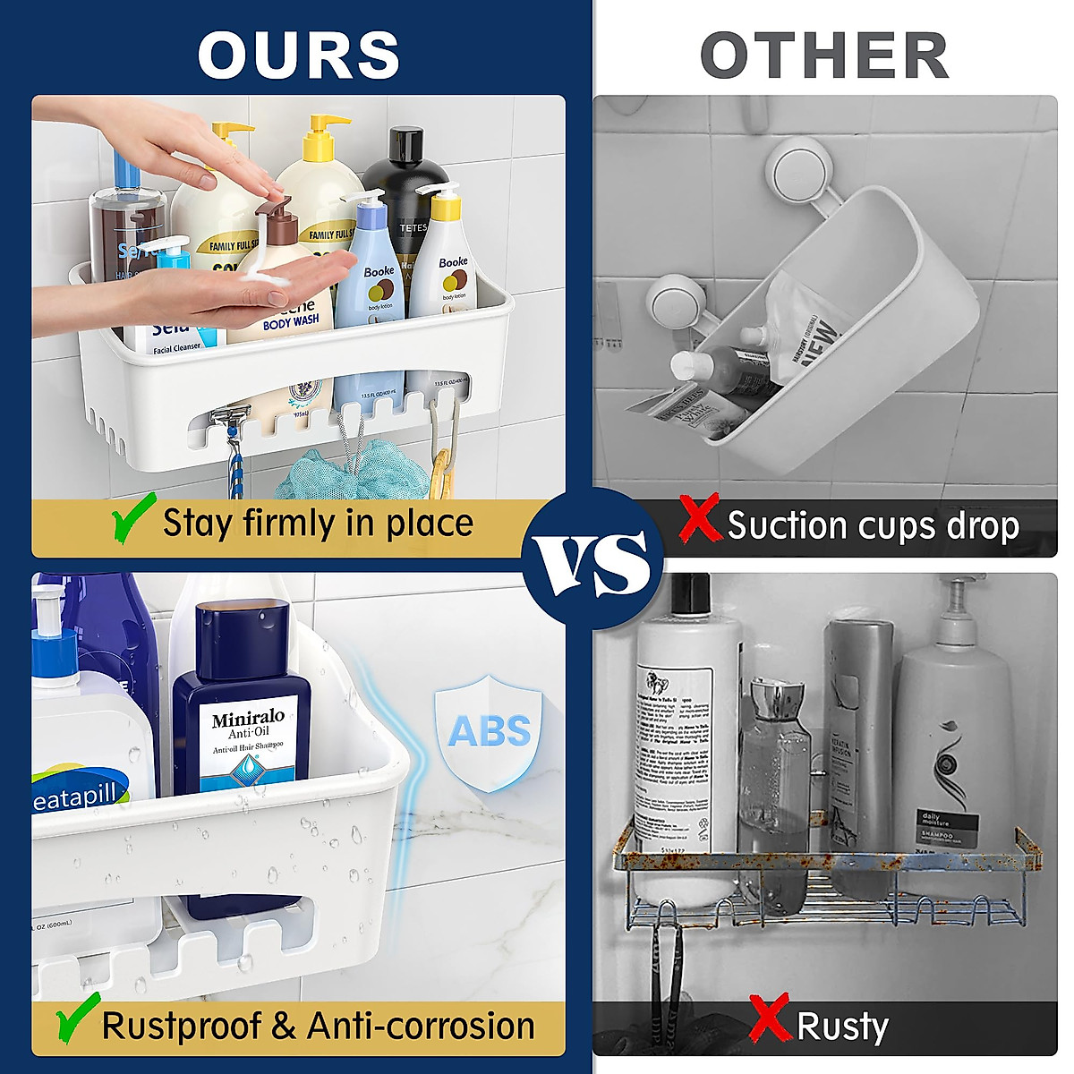 EACONPT 2 Pack Bathroom Organizers and Storage, Plastic Shower Caddy Shelf Adhesive, No-Drilling, Rustproof Multipurpose Bathroom Counter Organizer for Small Kitchen Bathroom RV Countertop, White