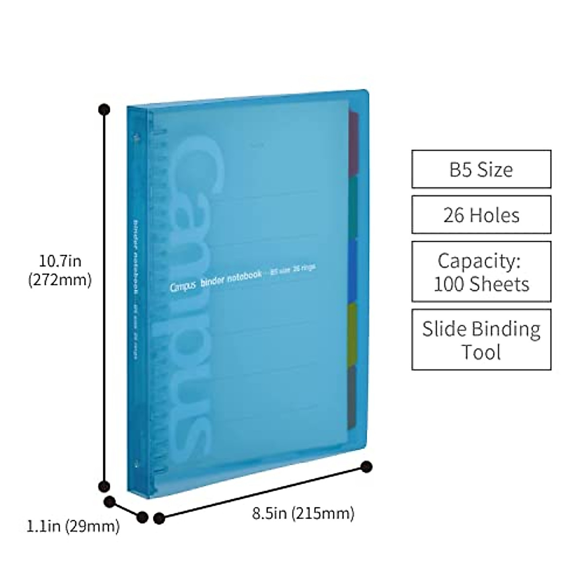 Kokuyo Campus Slide Binder with 5 Tab Dividers, Middle Type, B5, 26 Holes, Up to 100 Sheets, Light Blue, Plus 200 Sheets of Loose-Leaf Paper, Japan Import (RU-P333NLB & NO-S836BT)