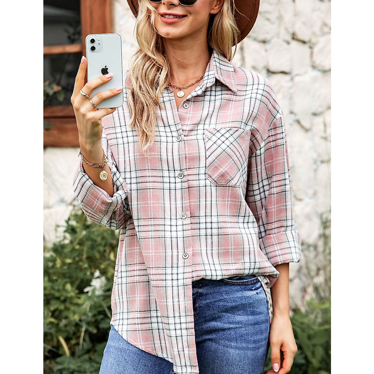 Lumister Oversized Flannel Shirt Women Long Sleeve Plaid Button Down Buffalo Shirt Blouse Tops with One Pocket(0405-Pink-L)