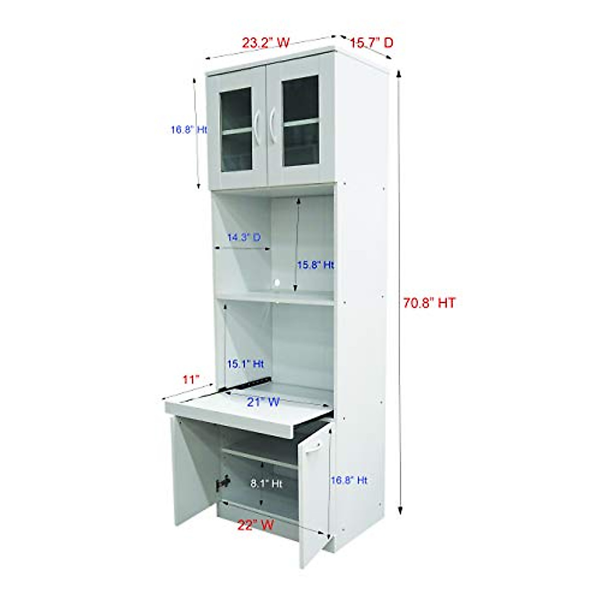 Kings Brand Furniture Danbury Tall Kitchen Pantry, Microwave Storage Cabinet, White, 23" W x 15" D x 70" H