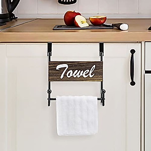 MyGift Industrial Matte Black Metal Over Cabinet Door Hand Towel Bar Holder with Decorative Burnt Wood Cursive Towel Sign