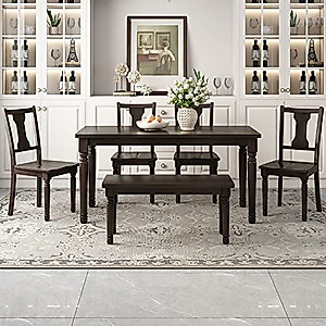 Lepfun 6 Piece Set, Wooden Rectangular Table with 4 Chairs and 1 Bench for Kitchen Dining Room, Home Furniture (Espresso)