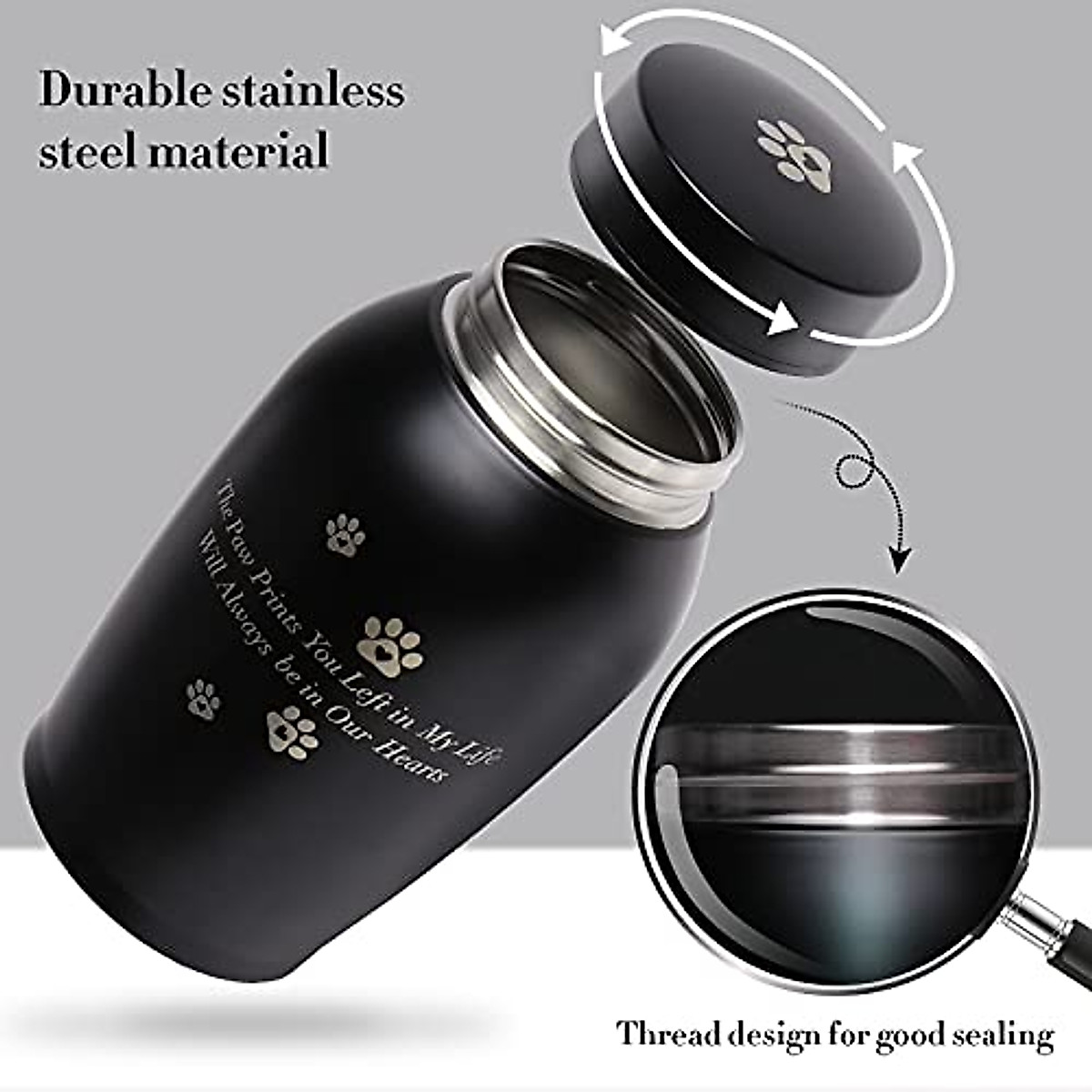 Pet Urn, JOFUNG Metal Cremate Funeral Urn for Dog/Cat ashes,Paw Print keepsake，Laser Engraving, Thread Design on The Top,Black Paw Print