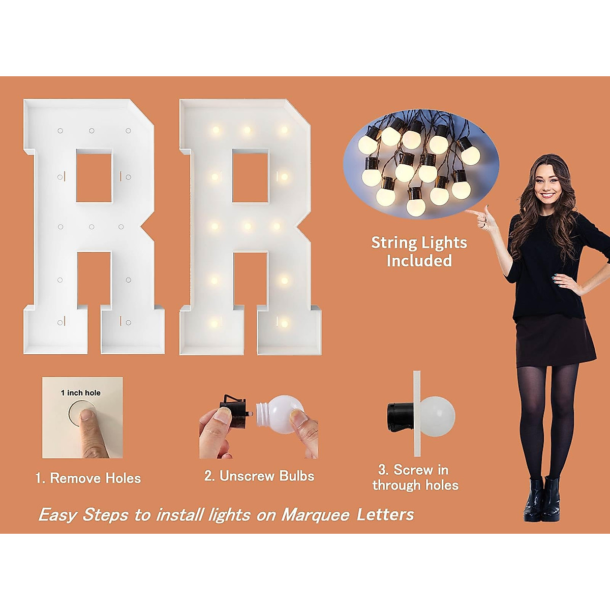 4FT Marquee Light Up Letters, Large Marquee Letters, Mosaic Balloon Frame Letters Big Letters for Engagement Wedding Decorations Birthday Party Backdrop Decor, Balloon Arch Kit Letter R