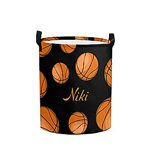 Basketballs Pattern Round Storage Basket Personalized Name Laundry Basket Waterproof Nursery Hamper with Handle for Living Room Bedroom and Clothes