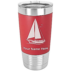 LaserGram 20oz Vacuum Insulated Tumbler Mug, Sailboat, Personalized Engraving Included (Silicone Grip, Red)