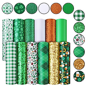 Weewooday 22 Pieces St. Patrick's Day Faux Leather Sheets and Earring Cutting Dies Shamrock Teardrop Hat Earring Die Cutting Glitter Leather Fabric for St. Patrick's Day DIY Earrings Hair Bow Craft