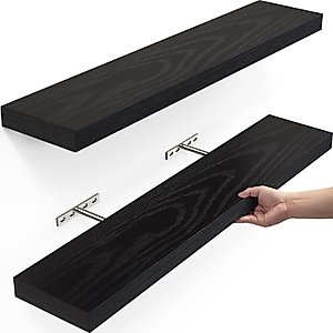 BAYKA Floating Shelves, Wall Mounted Rustic Wood Shelves for Bathroom, Bedroom, Living Room, Kitchen, Office, 22.5" Hanging Shelf for Books/Storage/Room Decor with 22lbs Capacity (Black, Set of 2)