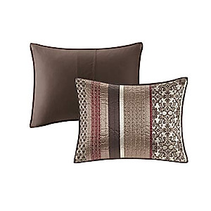 Madison Park Quilt Set Luxurious Jacquard Stripes Design - All Season, Coverlet Bedspread Lightweight Bedding Layer, Shams, Decorative Pillow, Full/Queen(90"x90"), Floral Red 5 Piece