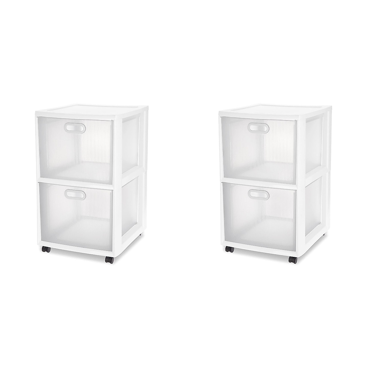Sterilite 36208002 Ultra 2 Drawer Cart, White Frame & Clear Textured Drawers w/ Handles & Black Casters, 2-Pack