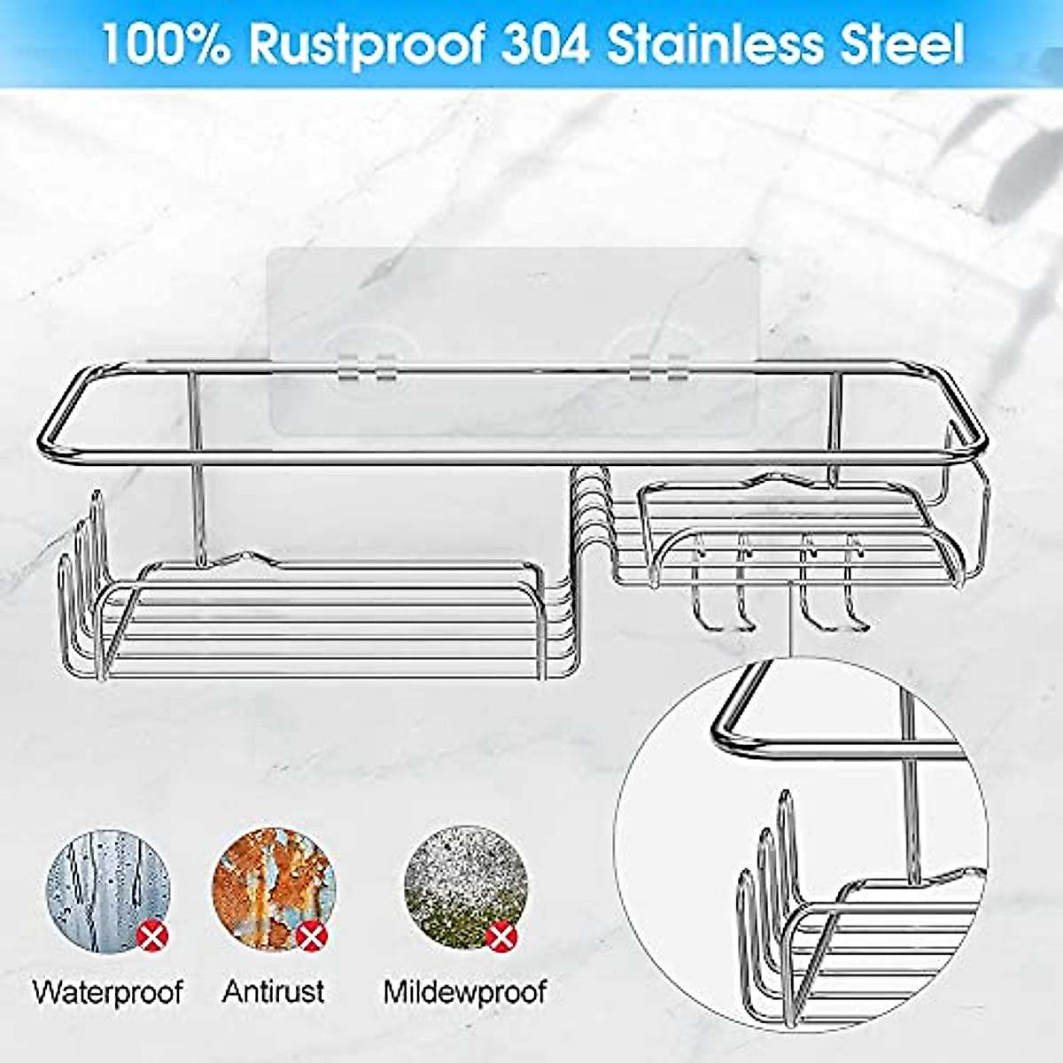 AriesBaby Shower Caddy Basket Shelf by 2Pack,SUS304 Stainless Steel for Bathroom Organizer with 11Hook and Soap Dish,Without Drilling, Shelf Adhesive be Fixable,Storage Organizer Dorm,Kitchen, Silver