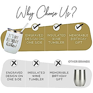 It's My Birthday B*itches White Stainless Steel 12oz Wine Tumbler, Birthday Wine Glass with Engraved Print, Perfect Birthday Present Wine Glass, Happy Birthday Wine Glass, Birthday Glass