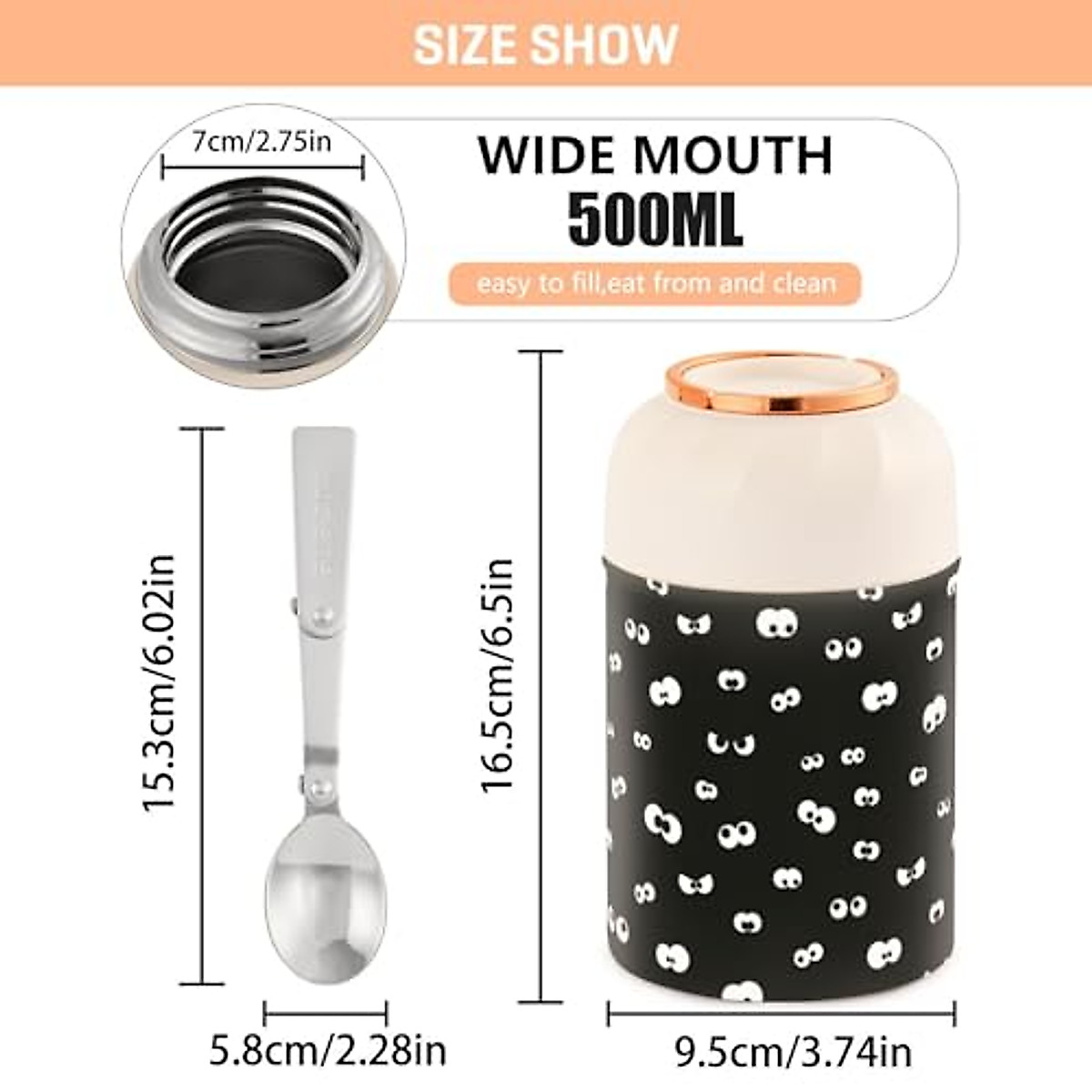 Spooky Eyes Kids Womens Insulated Food Jar Container with Spoon 17oz/500ml Containers With Lids Stainless Steel Vacuum Leak Proof Food Storage for Insulated Hot Food