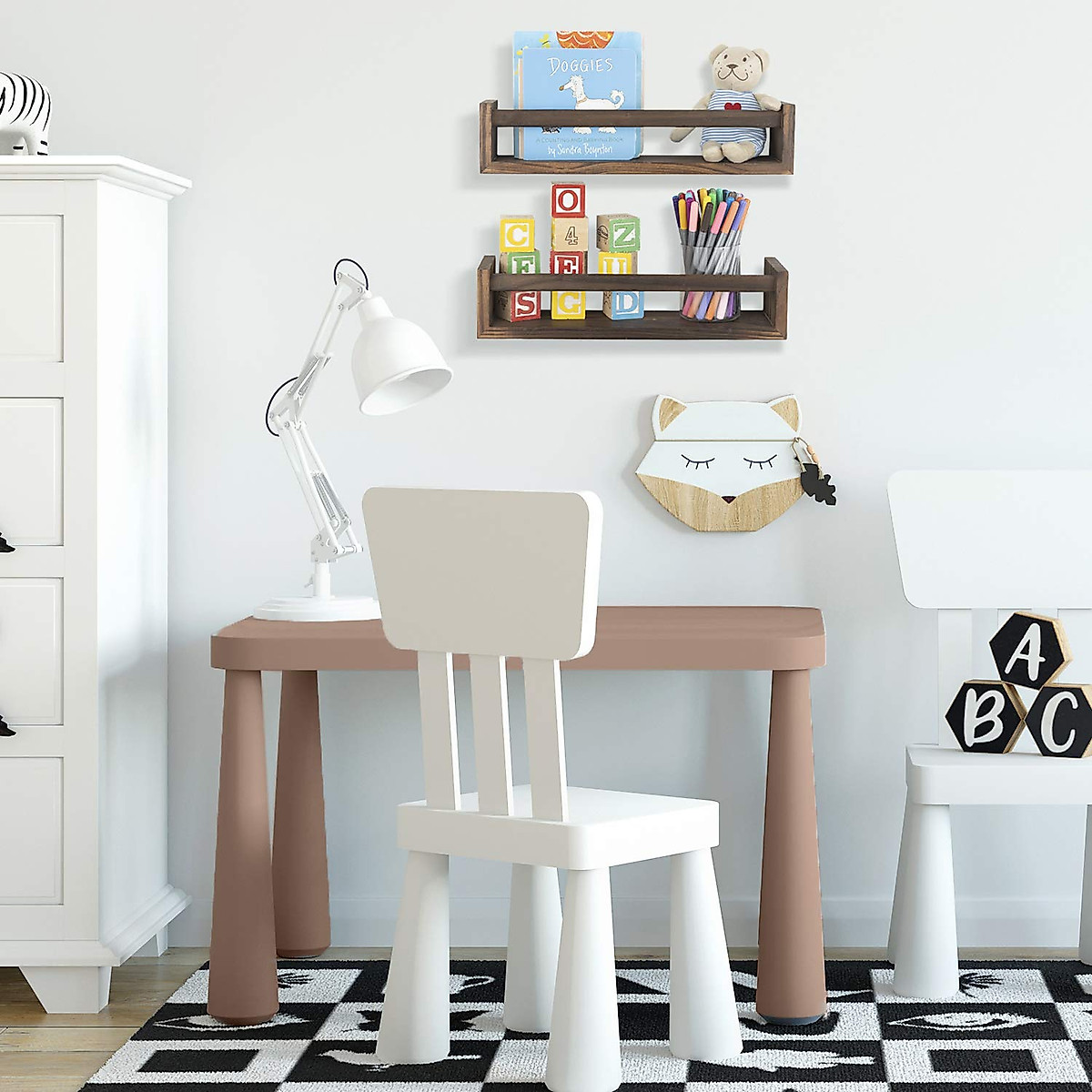 Wallniture Utah Nursery Bookshelf Set of 4, Floating Shelves for Kids Room Decor, Wood Wall Shelves (Burnt Wash Brown)