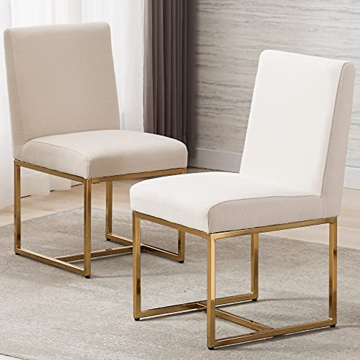 Set of 4 Linen Upholstered Dining Room Chairs, Mid Century Modern Fabric Chair for Dining Room, with Golden Finish Metal Frame, Cream