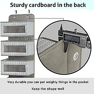 Over the Door Hanging Organizer with 5 Large Pockets - Wall Mount Pantry Storage with Clear PVC Window & 2 Big Metal Hooks for Closet,Bathroom,Nursery,Bedroom,Dorm,Baby Diapers,Kids Toys (Gray)