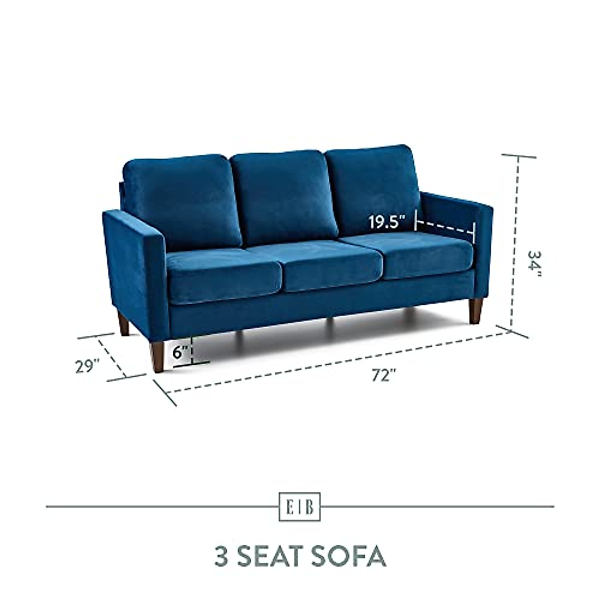Edenbrook Archer Upholstered Couch – Couches for Living Room – Blue Velvet Couch - Living Room Furniture - Small Couch - Seats Three - Straight Arm Modern Couch
