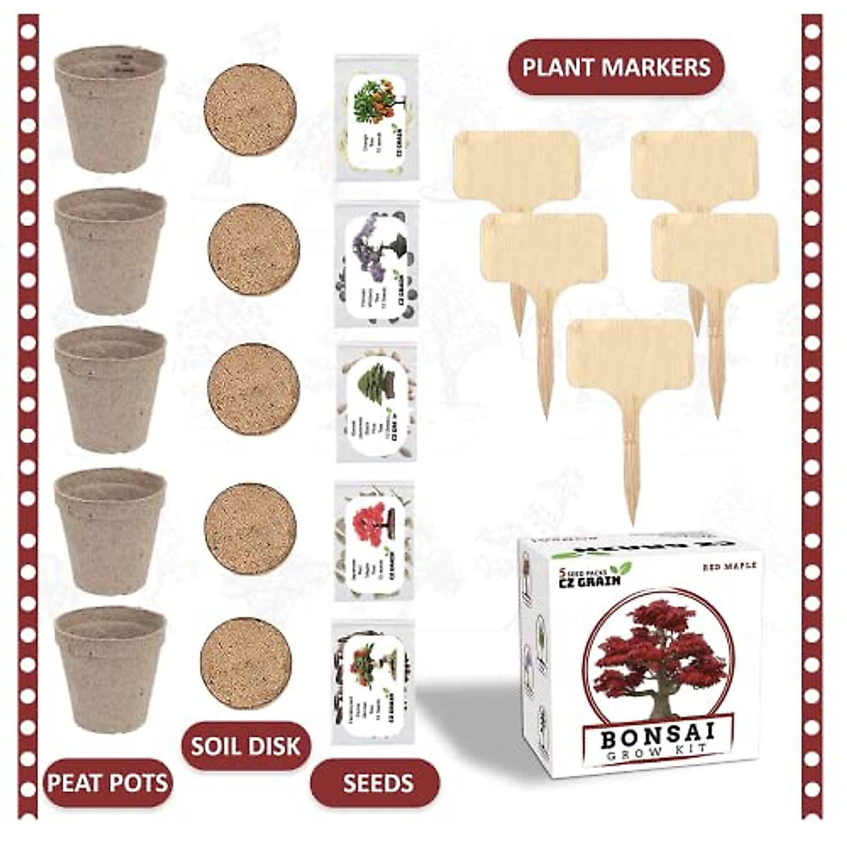 Bonsai Tree Kit – Grow 5 Species of Bonsai Tree w/ Our All-in-One Plant Kit: Bonsai Pots & Peat Pellets Including a Tutorial Video by CZ Grain | Great Gardening Gifts for Women and Men