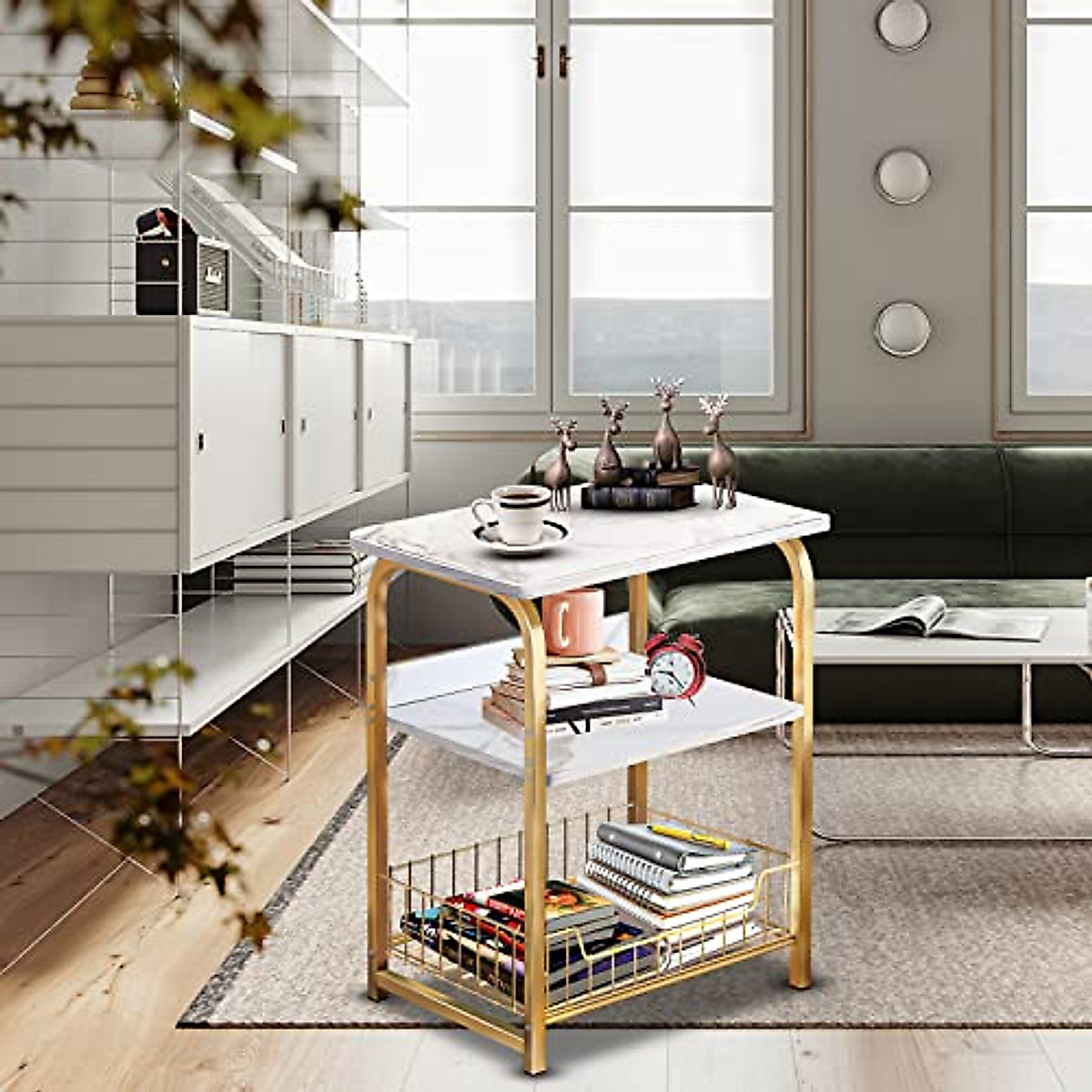 Garden 4 you End Table Side Table 3 Tiers White Marble Nightstand Industrial Retro Storage Shelf for Living Room Bedroom Kitchen Family and Office,Stable Wood and Metal Frame