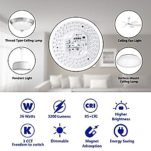 Siomen,Dimmable 7" 36W,120V,3CCT 3500K/5000K/6500K CRI85,LED Light Engine Retrofit Kit,Ceilining Fan Kit,LED Board for Ceilining Flush Light,Round LED Panel Circle Fluorescent Bulb