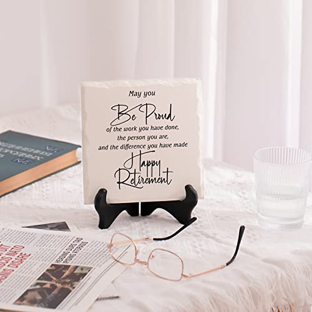 LukieJac Retirement Gifts for Women Men Retirement Party Decoration Best Ceramic Retirement Plaque 6"*6" Happy Retirement Table Decorations Sign for Teacher Nurses Coworker