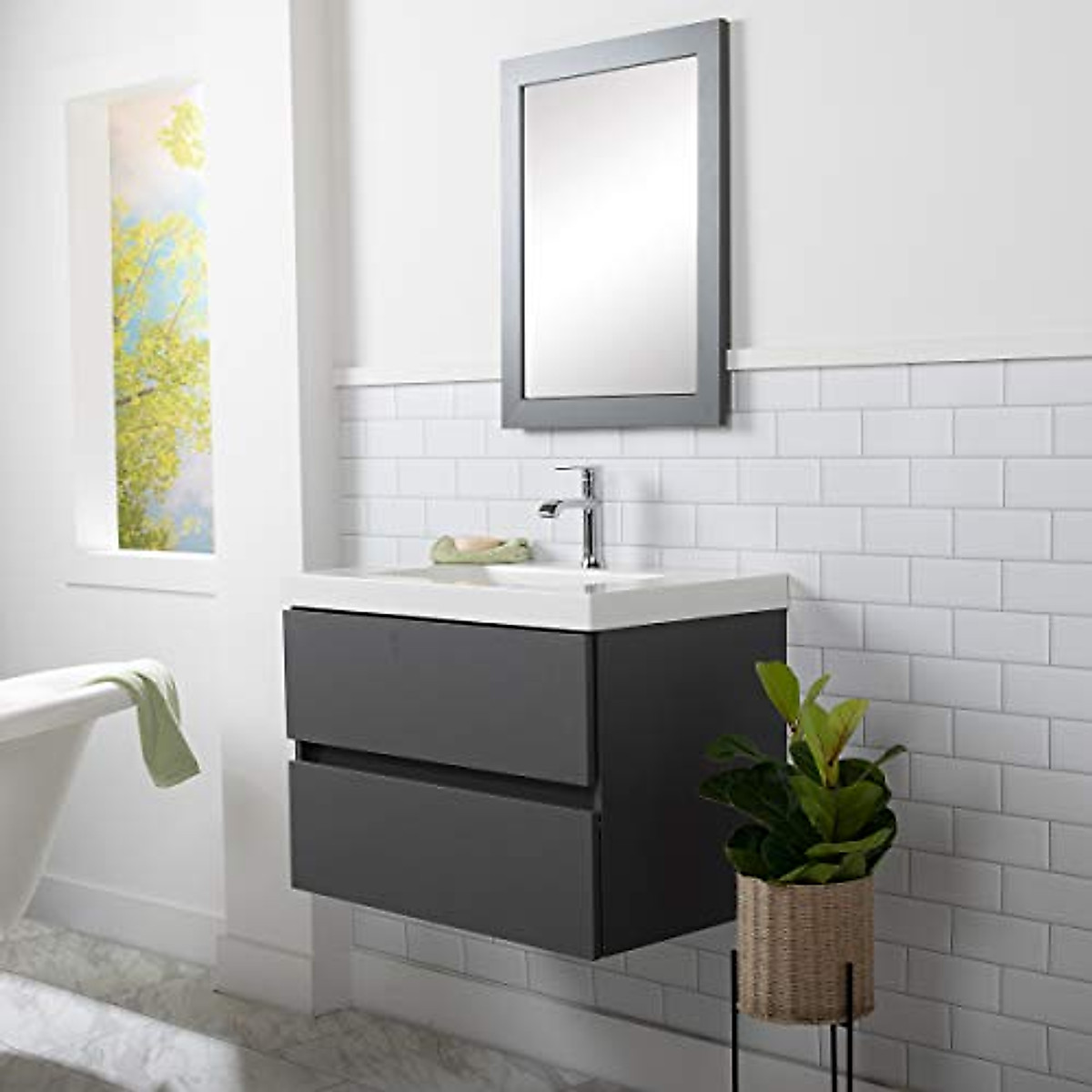 Spring Mill Cabinets Innes 30 Inch Floating Bathroom Vanity with White Single Sink Top, 2 Soft-Close Drawers, 30.5" W x 18.75" D x 22.25" H, Cement
