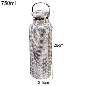 helegeSONG Diamond Water Bottle, Stainless Steel Insulated Water Bottle 12/17/25oz, Glitter Water Bottles for Women Refillable Water Bottles for Women Silver 750ml/25oz