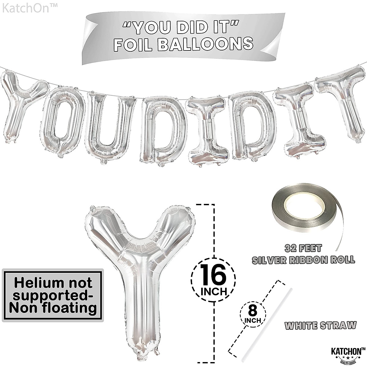 KatchOn, Silver You Did It Balloons - 16 Inch | You Did It Banner for Graduation Decorations Class of 2024 | You Did It Balloons Banner, Graduation Balloons Class of 2024 | Graduation Foil Balloons