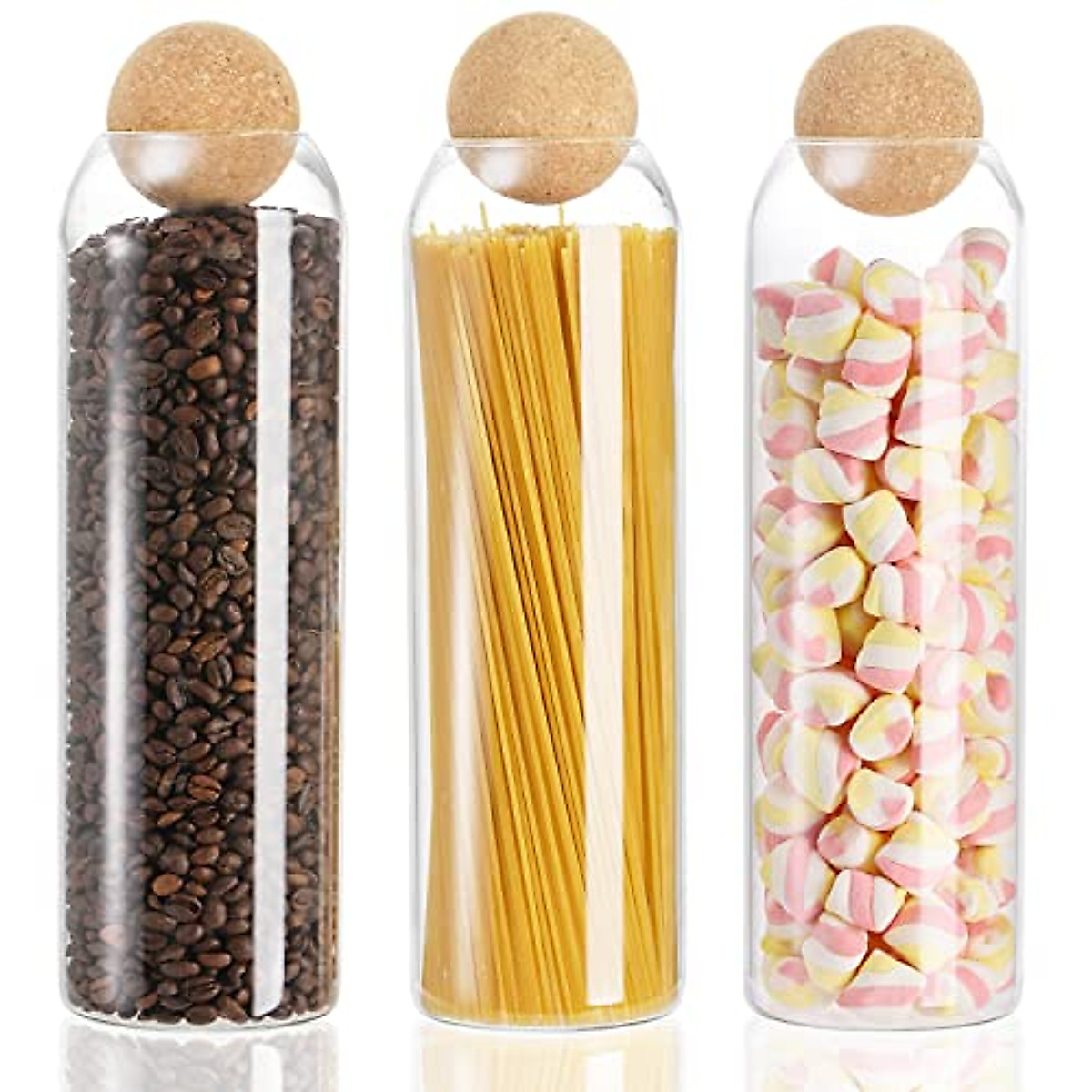 Suwimut 3 Pack Glass Storage Jar with Ball Cork Lid, 50oz/1500ml Glass Food Storage Canister Clear Tall Spaghetti Container with Round Cork Stopper for Kitchen Pantry Storage Spice, Coffee, Candy