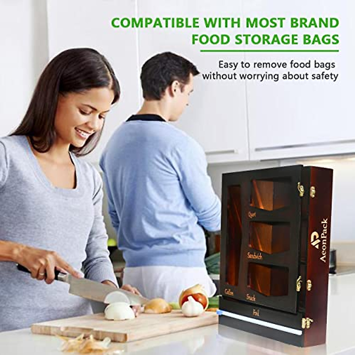 AeonPack Bamboo Ziplock Bag Organizer for Drawer - Flip Top Food Baggie Organizers for Kitchen Drawers - Foil and Plastic Wrap Storage Dispenser - Gallon, Sandwich, Snack, Quart Bag Holder - 15.5x13x3