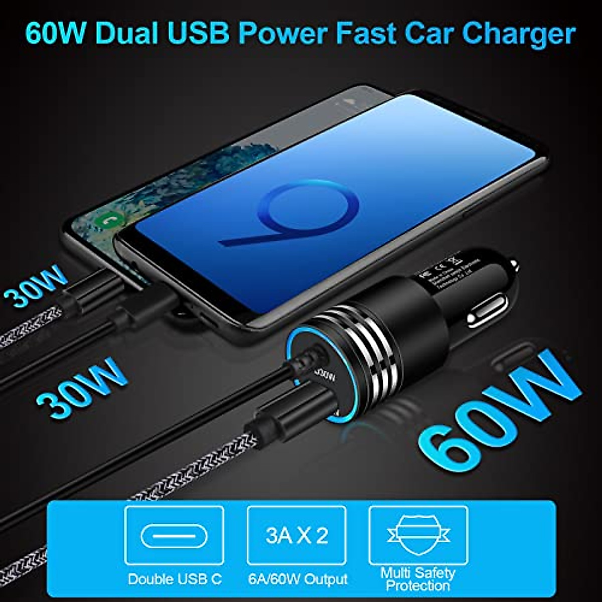 Android USB C Samsung Super Fast Car Charger for Samsung Galaxy S23 Ultra/S23/S23 Plus/A14 5G/A54/S22/S21 fe/S20/A53 5G/A13/A03S/A32, 60W Fast Car Adapter with 30W Built-in Type C Fast Charging Cable