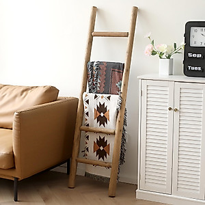 FUIN 57in Wood Blanket Ladder Living Room Decorative Wall Leaning Farmhouse Quilt Display Holder Rustic Wooden Towel Rack for Bathroom, Brown