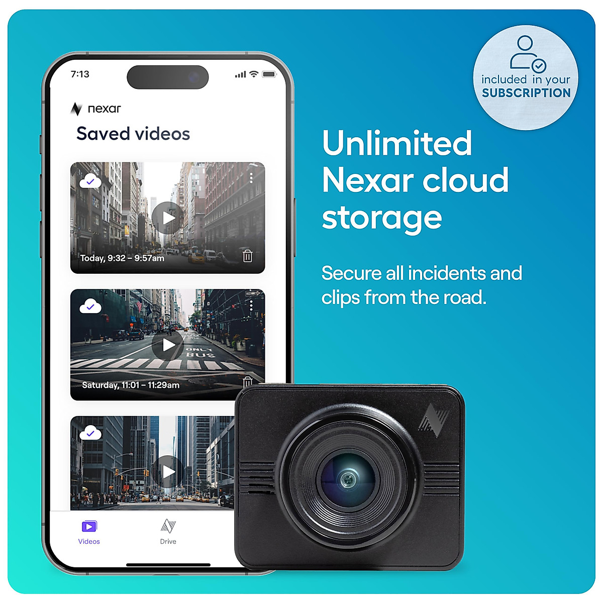 Nexar Beam GPS Dash Cam - 1 Year Nexar App Subscription Included - Unlimited Cloud Storage, Drive Recordings, Parking Mode, Night Vision, All Inside The Nexar App - WiFi HD Front Dash Cam (128 GB SD)