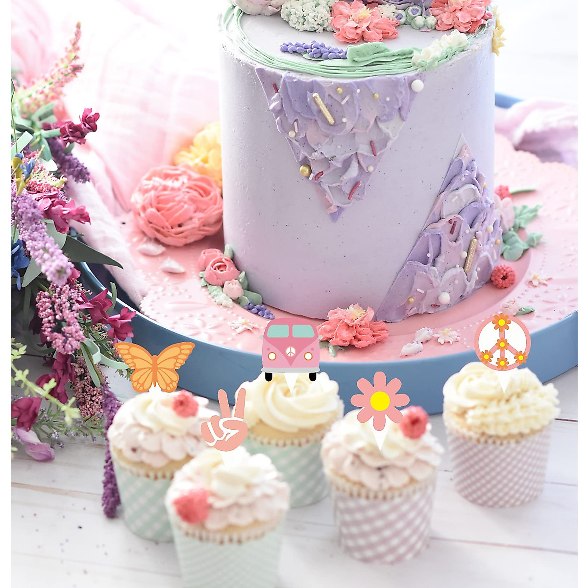 48Pcs Hippie Party Cupcake Toppers for Two Groovy Birthday Party Decorations Boho Rainbow Party Supplies