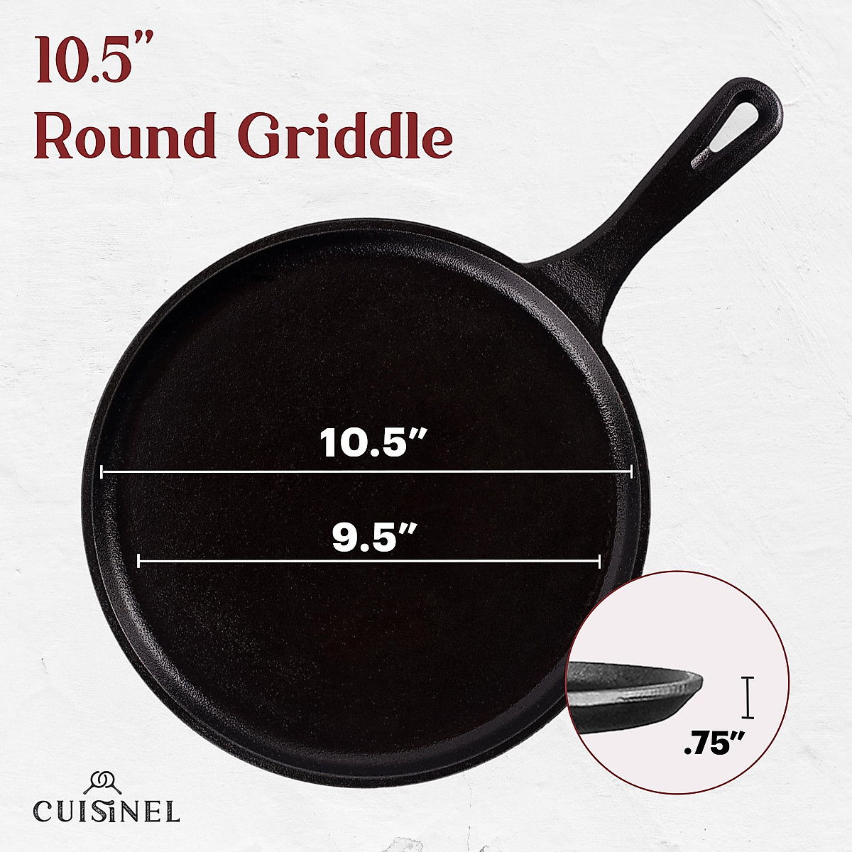 Cuisinel Cast Iron Round Griddle - 10.5" Crepe Maker Pan + Silicone Handle Cover - Pre-Seasoned Comal for Tortillas Flat Skillet - Dosa Tawa Roti Grill - Use: Oven, Stove, BBQ, Fire, Smoker, Induction