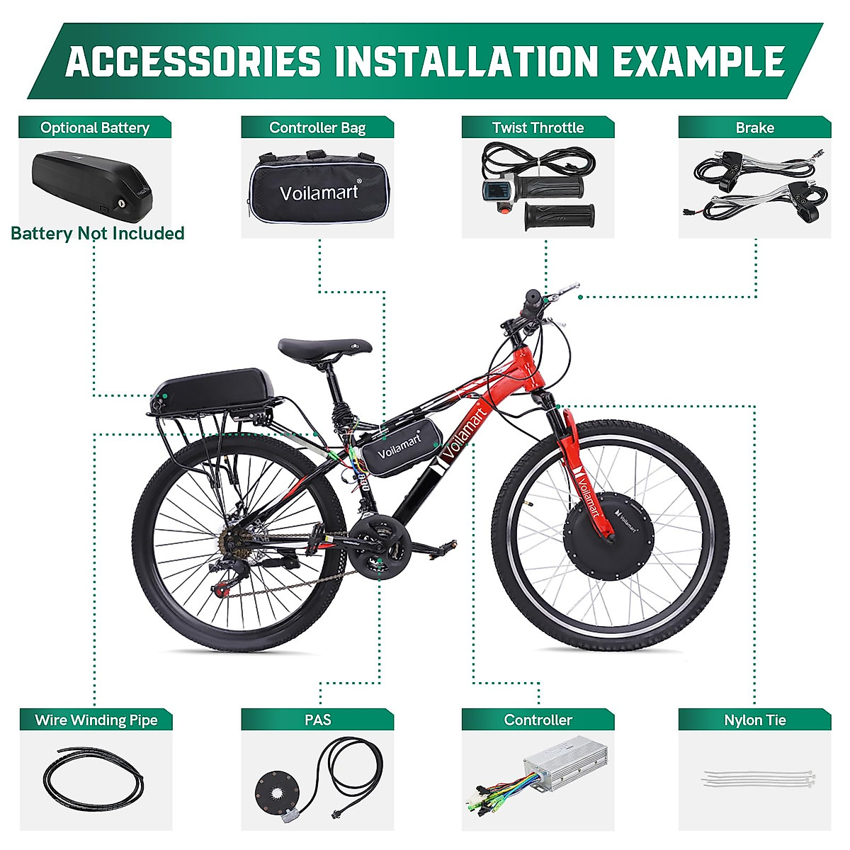 Voilamart Electric Bicycle Wheel Kit 26" Front/Rear Wheel 48V 1000W E-Bike Conversion Kit, Cycling Hub Motor with Intelligent Controller and PAS System for Road Bike(Without Battery) (Front Wheel)