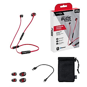 HyperX Cloud Buds – Bluetooth Wireless Headphones, Qualcomm aptX HD, 10 Hour Battery Life, 14mm Drivers, Comfortable Silicone Ear Tips, 3 Ear Tip Sizes Included, Mesh Travel Pouch